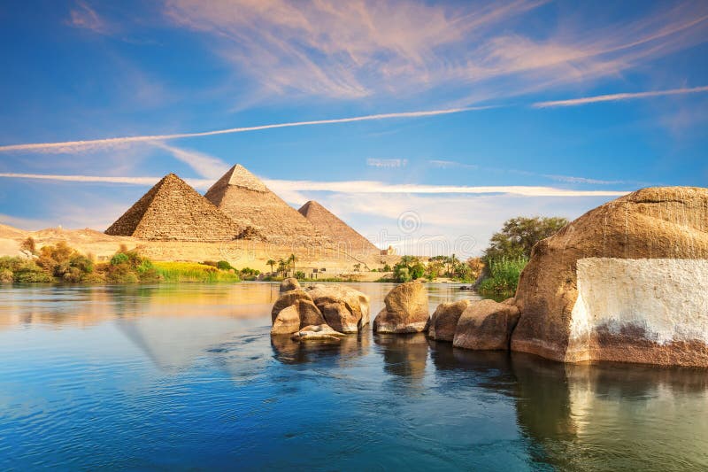 Sunset Over the Nile River with Ancient Rocks on the Way To Pyramids ...