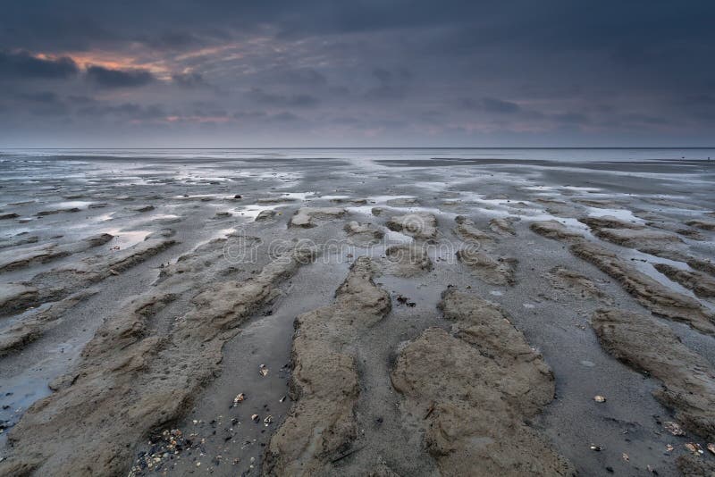 Sunset Over North Sea Coast at Low Tide Stock Photo - Image of north ...