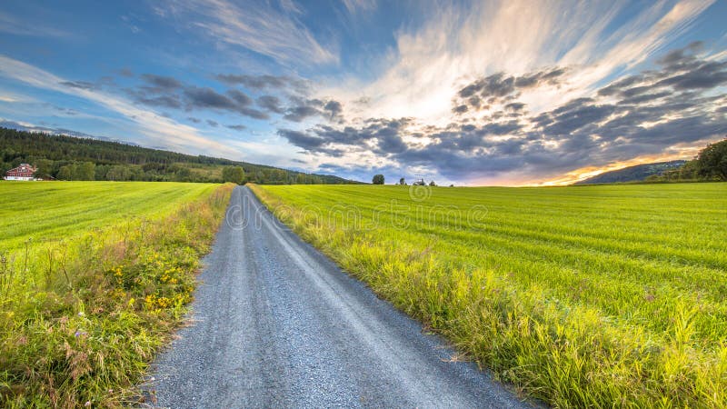 Sunset Over Norwegian Countryside Road Stock Image - Image of norway ...