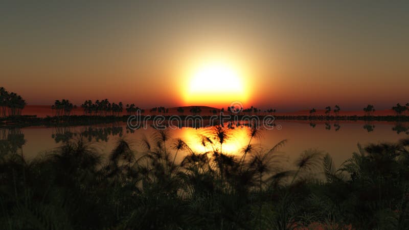 Sunset Over Oasis Landscape 3d Render Stock Illustration - Illustration ... Sunset Over Oasis Landscape 3d Render Stock Illustration - Illustration ...