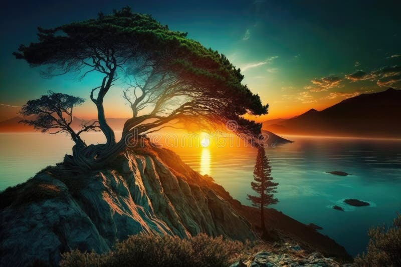 Sunset Over the Ocean, Beautiful Natural Scenery Stock Illustration ...