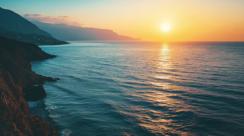 Sunset Over Ocean with Cliffside View, Warm Tones Highlight Tranquil ...