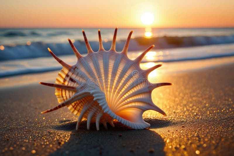 Sunset Over the Ocean with a Conch Shell Resting on the Sandy Beach ...
