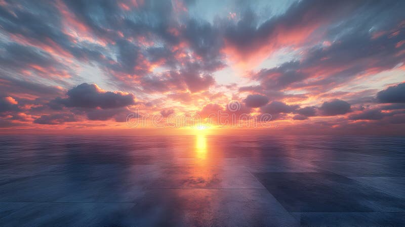 Sunset Over Ocean, 3D Illustration with Cloudy Sky Stock Illustration ...