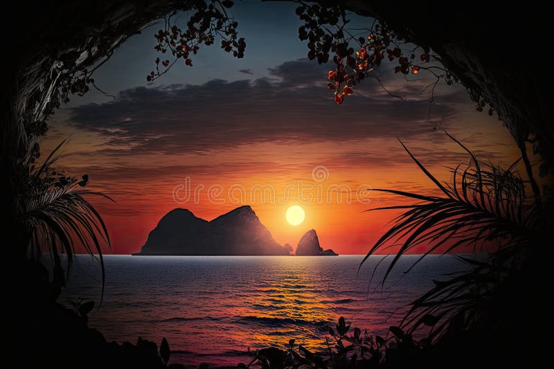 Sunset Over the Ocean, with a Distant View of Tropical Island Stock ...