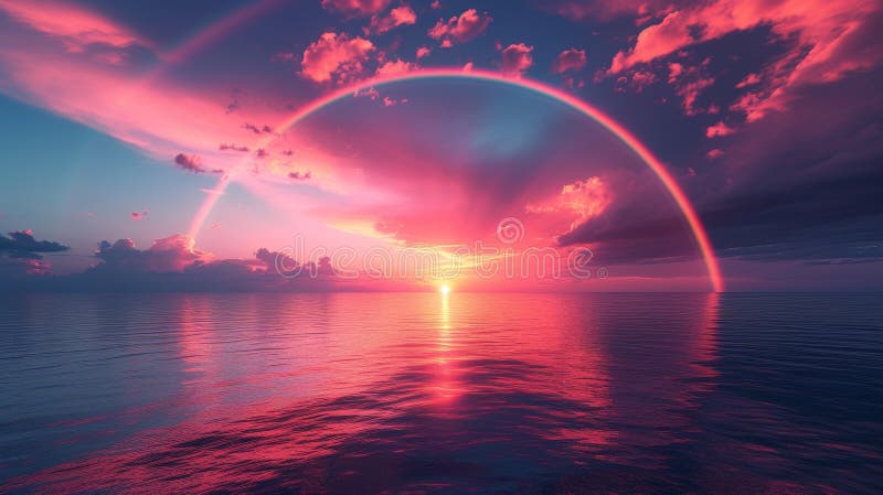 Sunset Over Ocean with Dramatic Clouds and Rainbow, Serene Natural ...