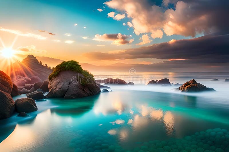 Sunset Over the Ocean Generative AI Stock Illustration - Illustration ...