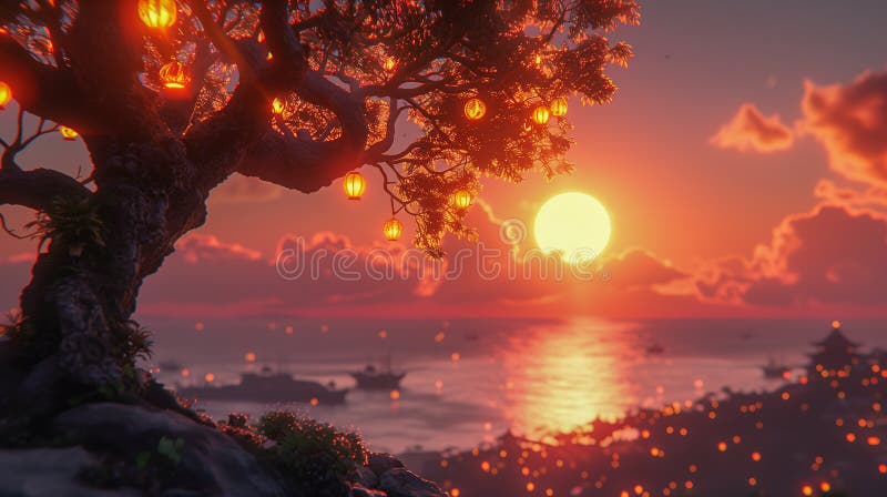 Sunset Over Ocean with Hanging Lanterns Stock Illustration ...