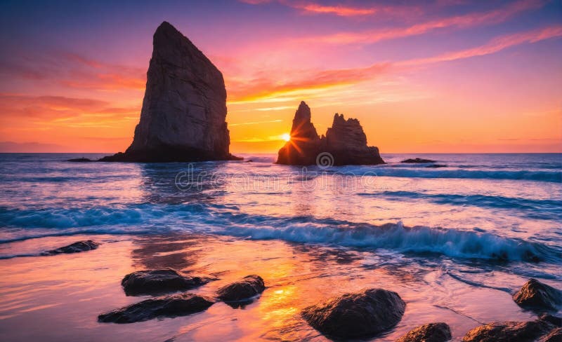 Sunset Over Ocean with Large Rock Formations Stock Illustration ...