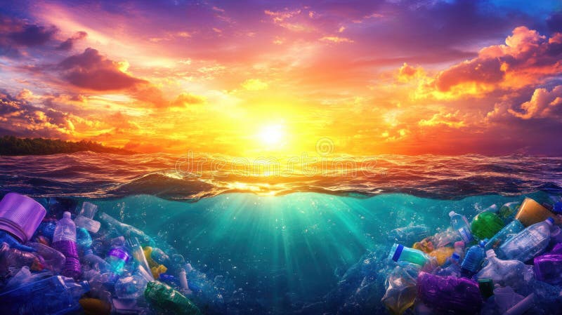 Sunset Over Ocean Pollution: a Dramatic Visual of Plastic Waste and ...