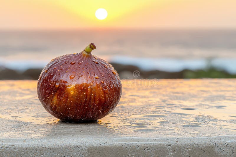 Sunset Over the Ocean with a Ripe Fig on the Beach Stock Illustration ...