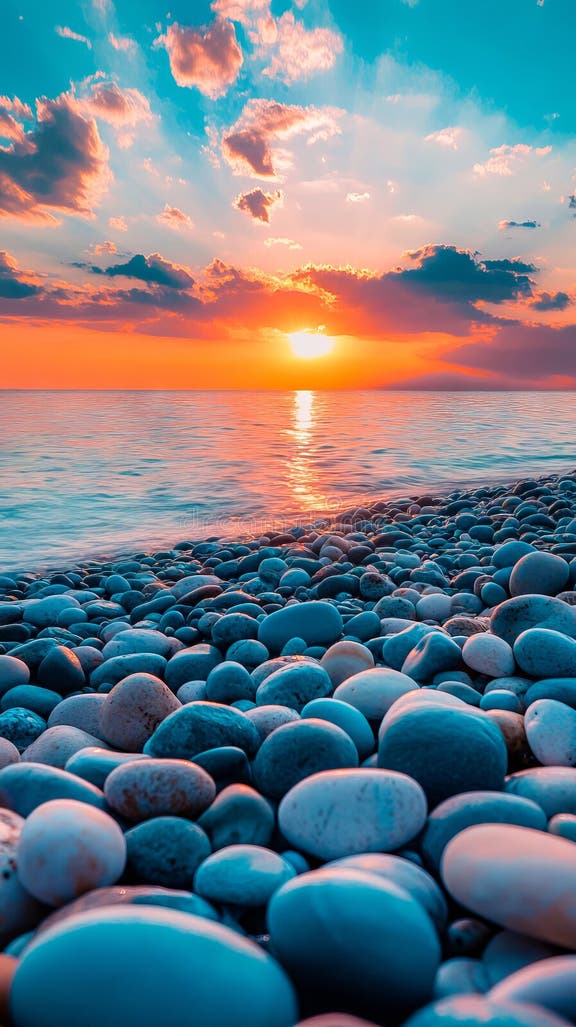 A Sunset Over the Ocean with Rocks on the Beach Stock Photo - Image of ...