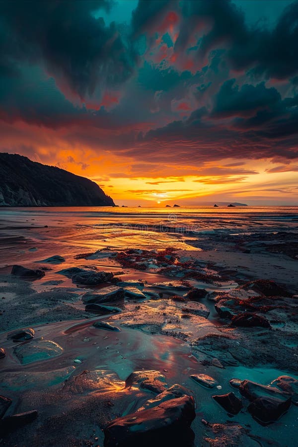 A Sunset Over the Ocean with Rocks on the Beach Stock Photo - Image of ...