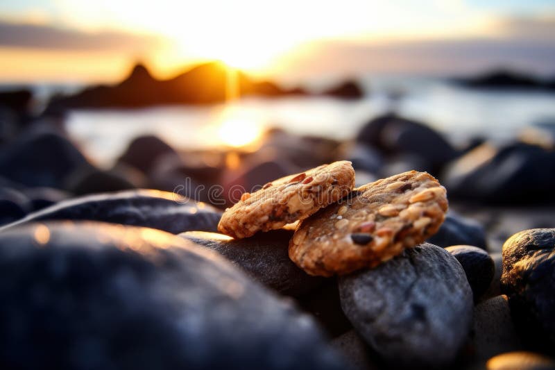 Sunset Over the Ocean with Rocks and Cookies Stock Illustration ...