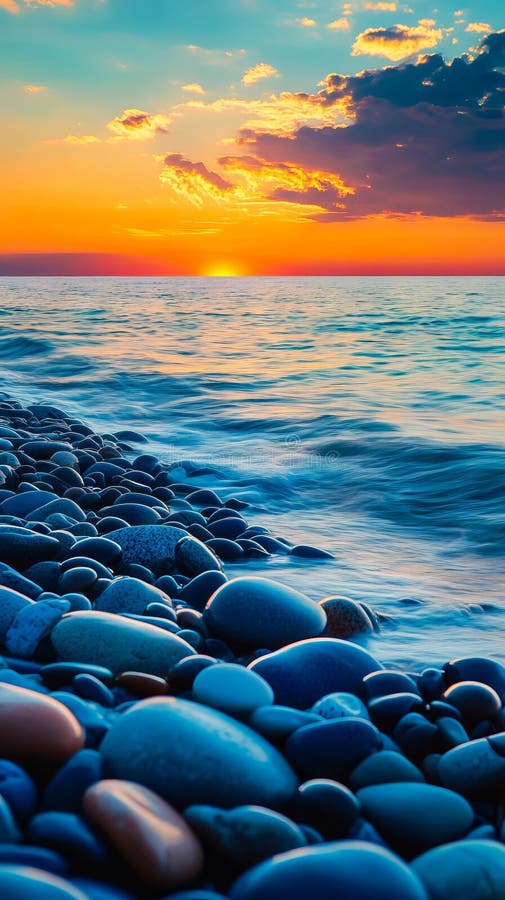 A Sunset Over the Ocean with Rocks on the Shore Stock Image - Image of ...
