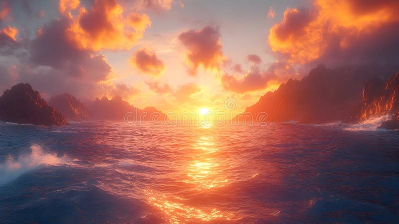 Sunset Over the Ocean with Rocky Islands Stock Illustration ...