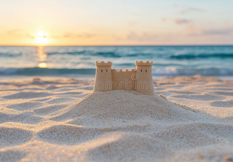 Sunset Over the Ocean with a Sand Castle Stock Illustration ...