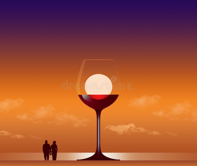 A Sunset Over the Ocean is Seen through a Glass of Red Wine Stock ...