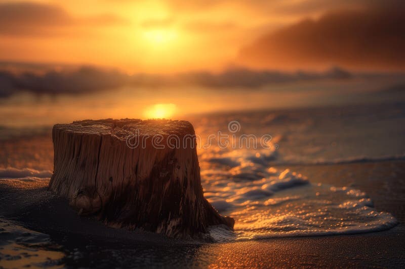 Sunset Over the Ocean with a Tree Stump on the Beach Stock Illustration ...