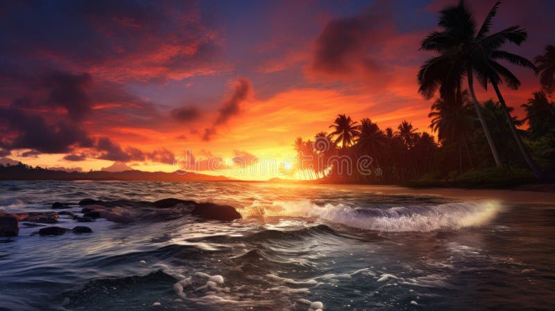 A Sunset Over the Ocean with a Tropical Island in View, AI Stock Photo ...