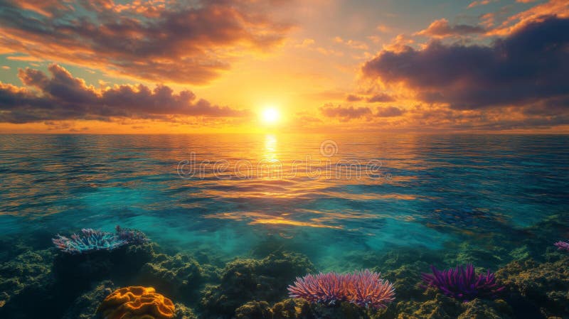 Sunset Over Ocean with Underwater Coral Reef Stock Illustration ...