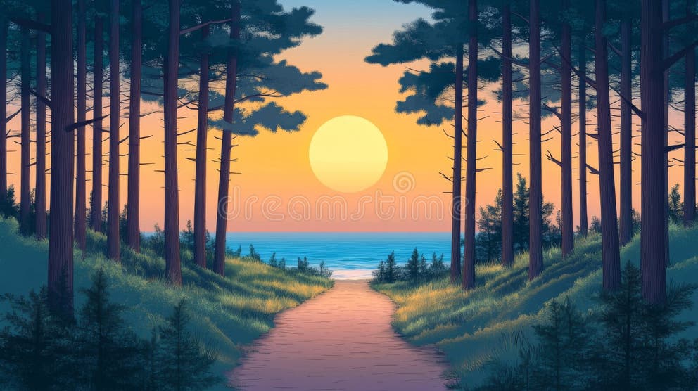 Sunset Over Ocean View Path through Pine Forest Stock Illustration ...
