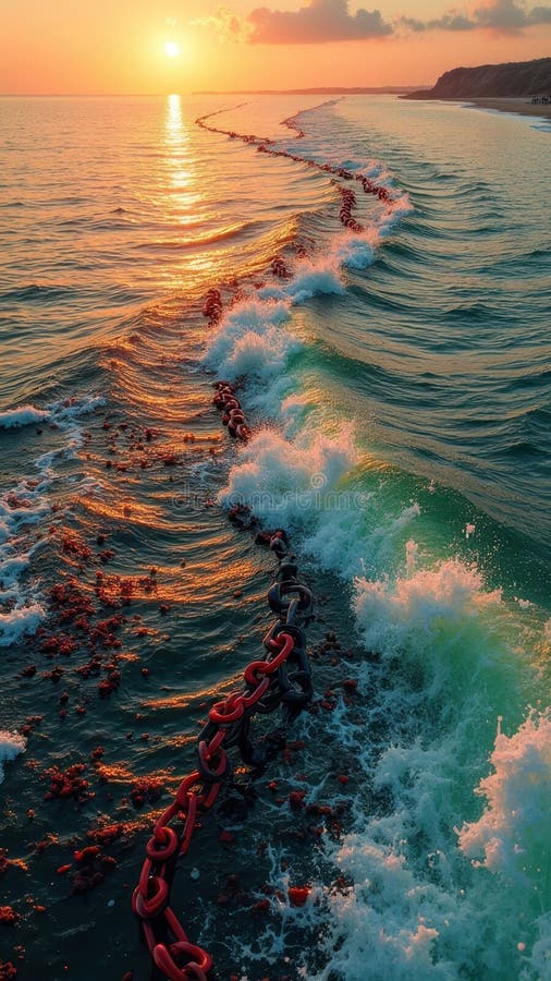 Sunset Over Ocean Waves with Chain Leading To Shoreline Stock Photo ...