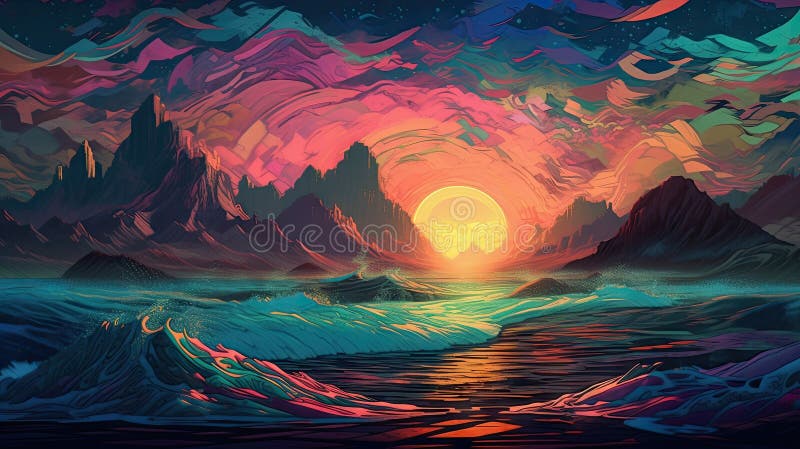 Sunset Over Ocean Waves and Mountains in Psychedelic Helix Pattern ...