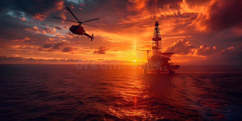 Sunset Over an Oil Rig in the Open Sea with a Helicopter Flying Towards ...