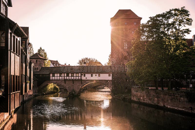 Sunset Over Old Medieval Bridge Over Pegnitz River in Nuremberg ...