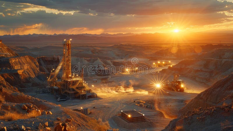 Sunset Over an Open Pit Mine Showcasing Heavy Machinery and Landscape ...
