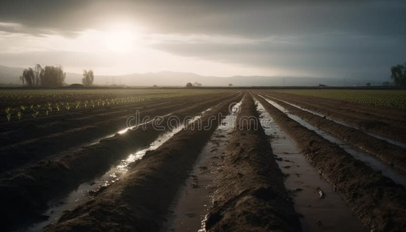 Sunset Over Plowed Field, Mud and Growth Generated by AI Stock ...