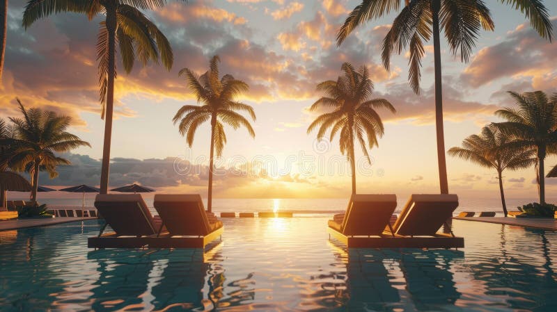 Sunset Over Pool and Palms.AI Generated Image Stock Photo - Image of ...