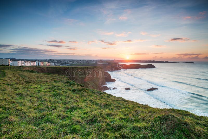 Sunset Over Porth in Cornwall Stock Image - Image of clifftops, coastal ...