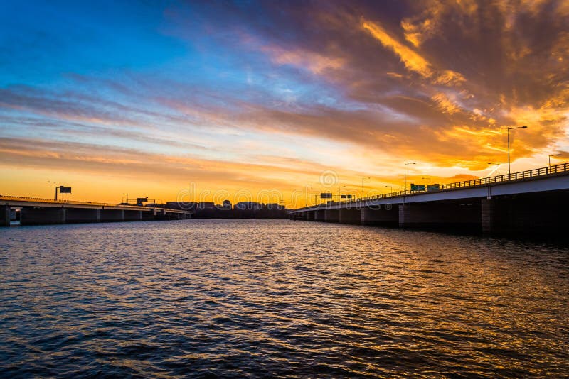 Sunset Over the Potomac River and Bridges in Washington, DC. Stock ...