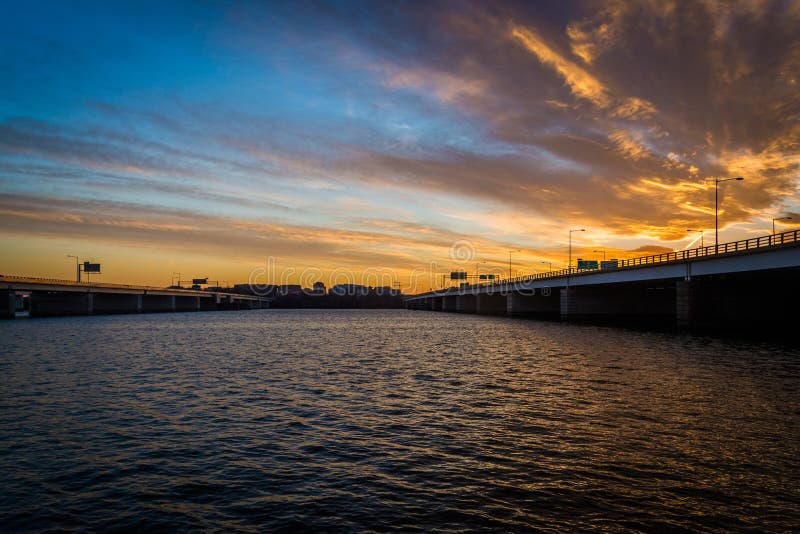 Sunset Over the Potomac River and Bridges in Washington, DC. Stock ...
