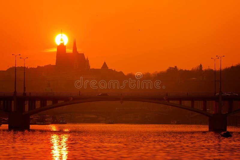 Sunset over Prague Castle stock photo. Image of tower - 38657566