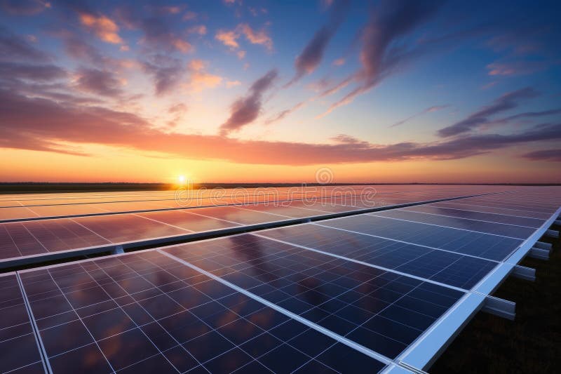 Sunset Over Renewable Energy Field, Wind and Solar Power Installations ...