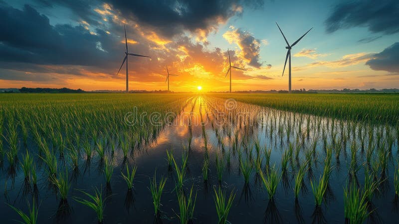 Sunset Over Rice Paddy with Wind Turbines Stock Illustration ...