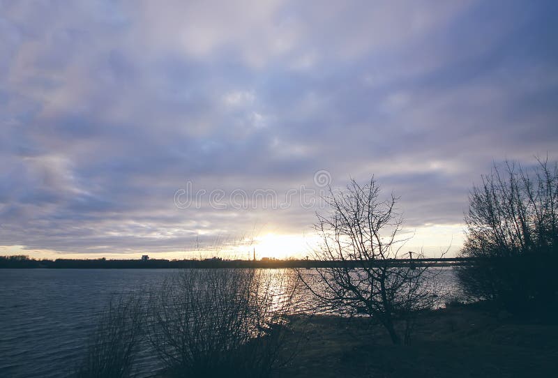 Sunset Over River Daugava, Riga, Latvia. Urban Landscape in October ...