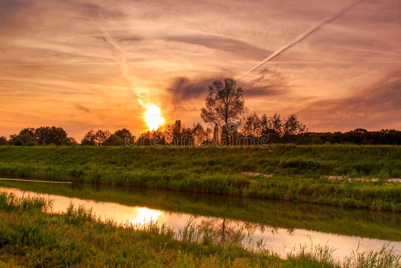 Sunset Over the River Demer Stock Photo - Image of green, land: 77932476