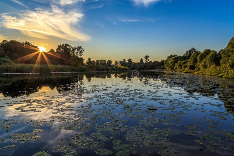 Sunset Over the River, Evening Hot Day Stock Photo - Image of river ...