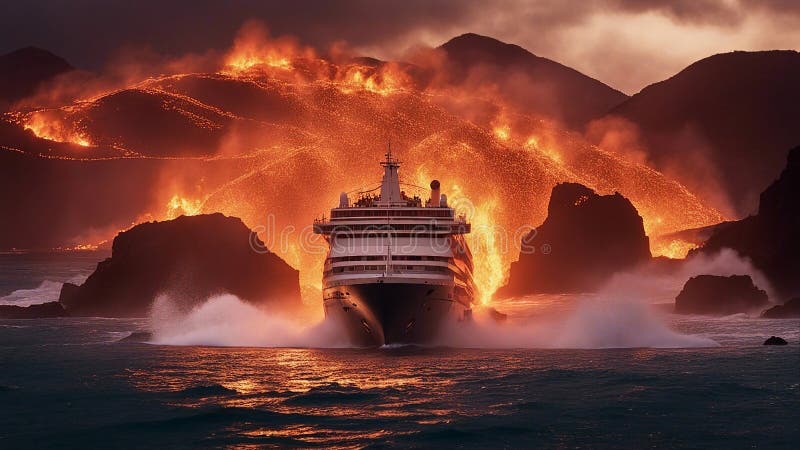 Sunset Over the River Horror Cruise Ship with a Waterfall of Fire, with ...