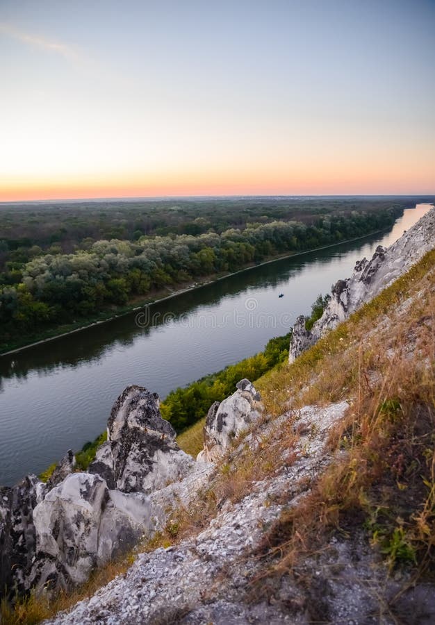 Sunset Over the River Under the Mountain Stock Photo - Image of summer ...