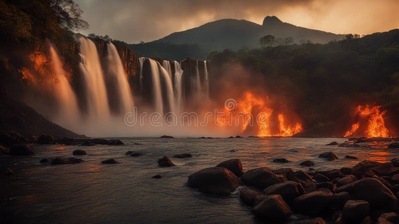 Sunset Over the River Waterfall of Fire, with a Landscape of Burning ...
