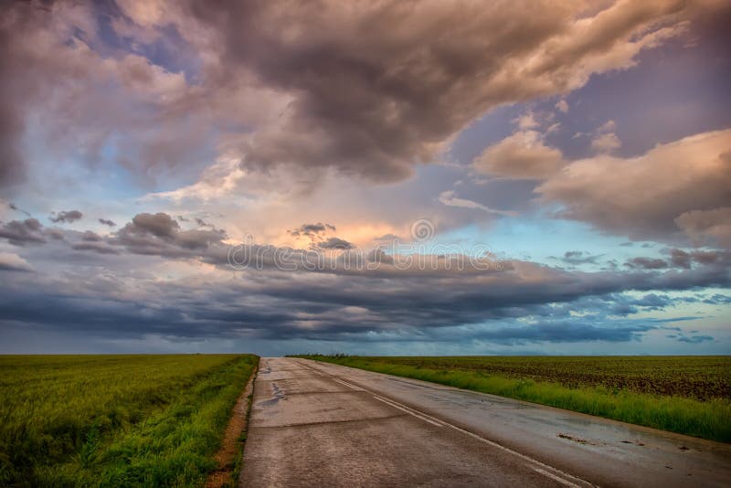 Sunset over the road stock image. Image of earth, horizontal - 72406199