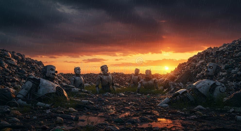 Sunset Over Robot Graveyard Decaying Robots Litter a Landfill at Sunset ...