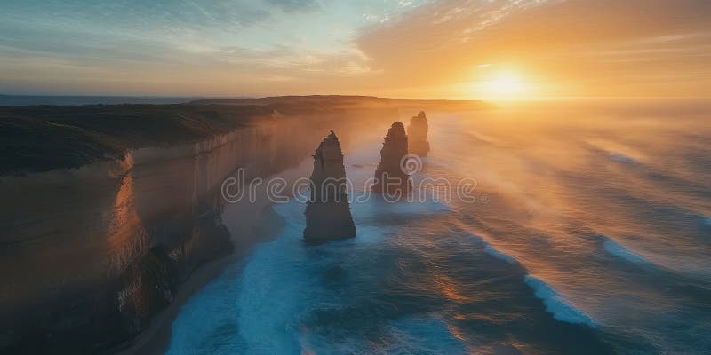 Sunset Over Rocky Coastline with Sea Stacks and Waves Stock ...