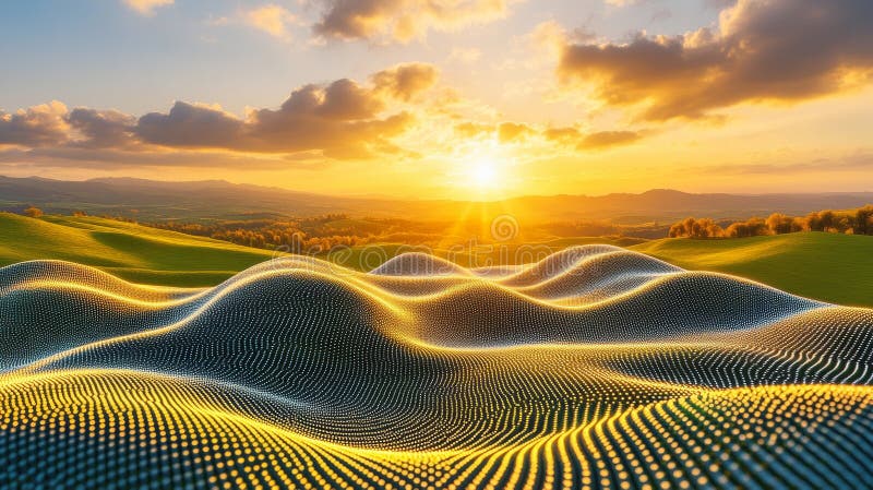 Sunset Over Digital Landscape Interconnected Nodes Stock Photos - Free ...