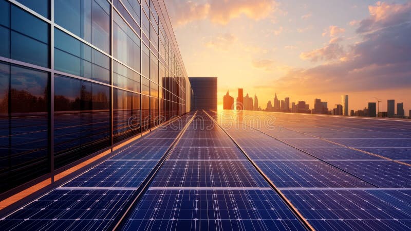 Sunset Over Rooftop Solar Panels with City Skyline Background Stock ...